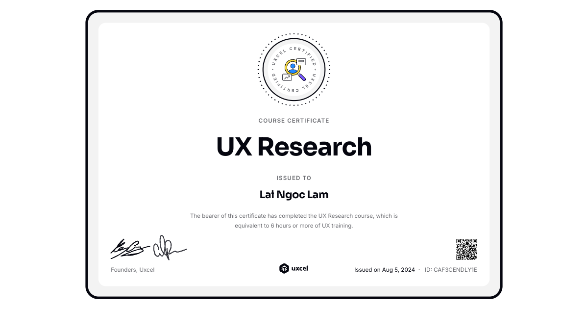 Certificate of completion for UX Research | Uxcel